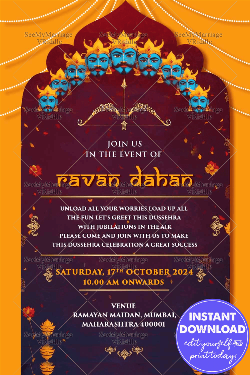 Ravan Dahan Dussehra Invitation with Bow and arrow – VRiddle