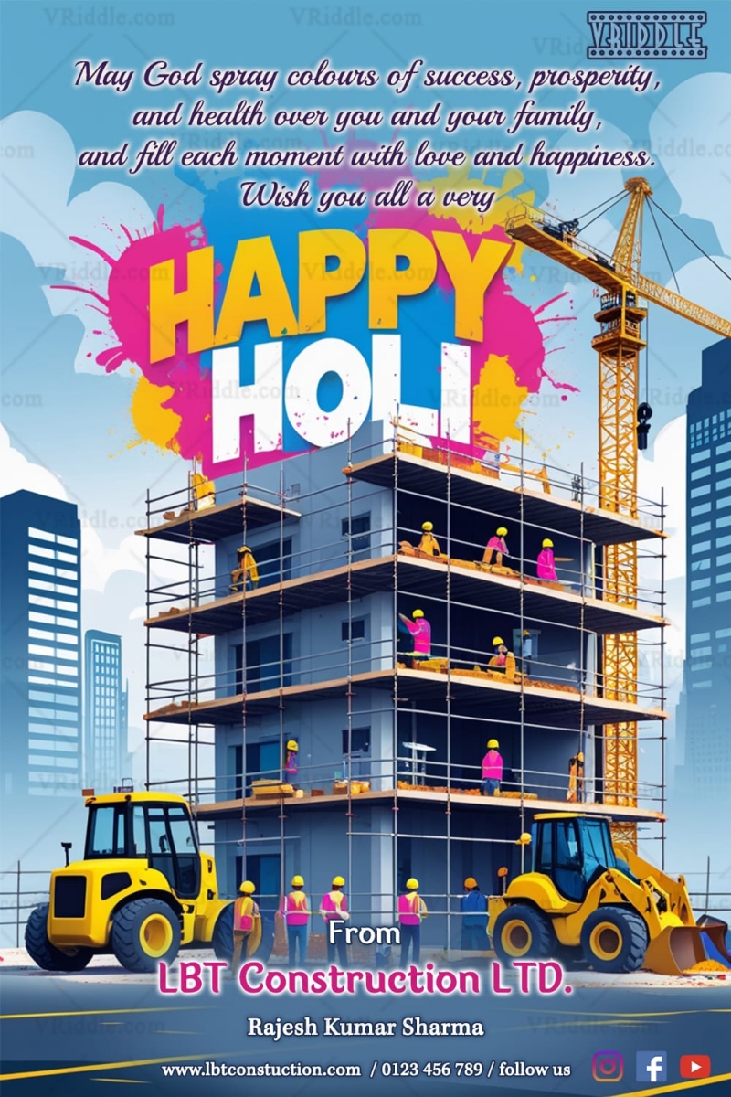 Construction Theme Holi Greeting with Building Site, Workers and Cranes ...