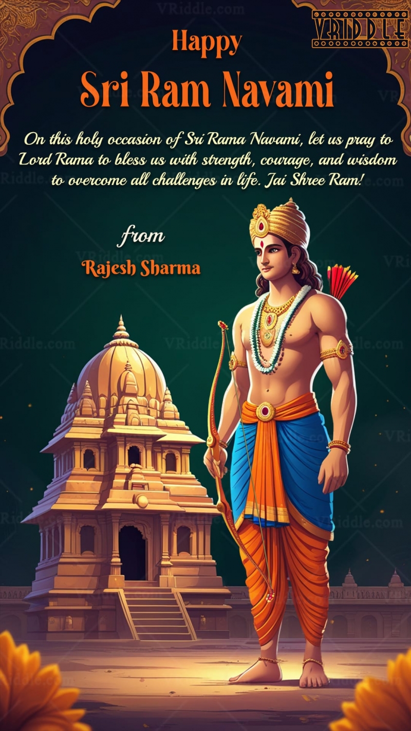 Lord Rama & Temple Sri Ram Navami Greeting Card with Green Theme, Bow ...